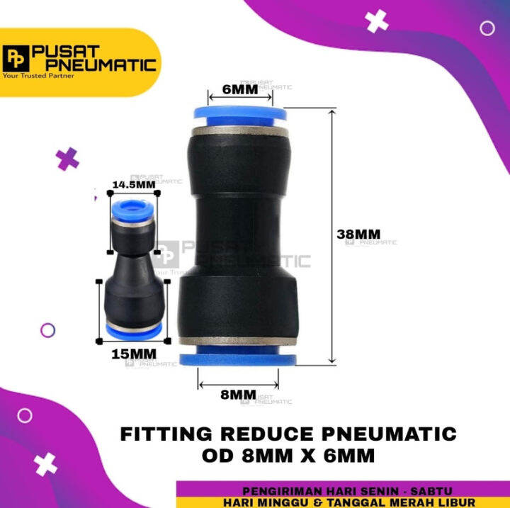 PG 8-6 Nepel Angin Fitting Pneumatic Reducer Fitting Reducer Selang ke ...