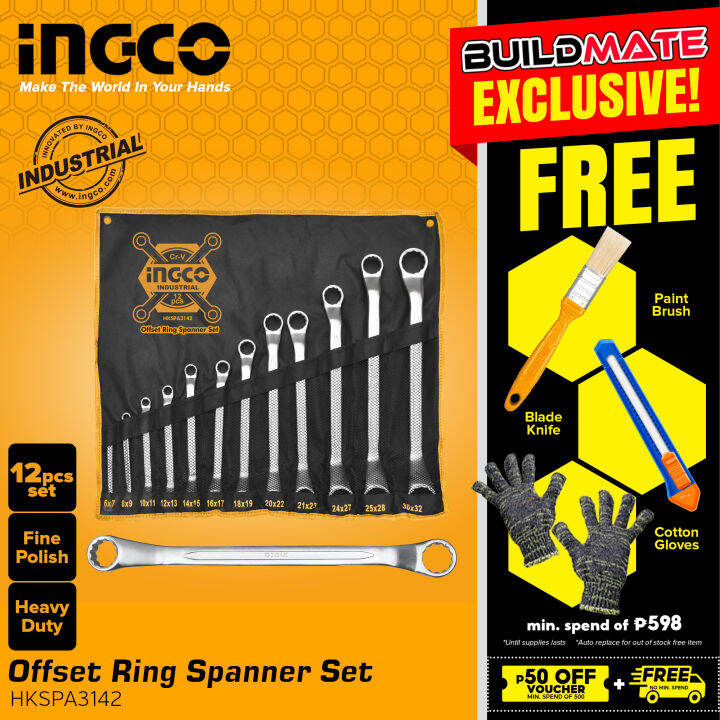 INGCO Offset Ring Spanner 12pc 6-32mm HKSPA3142 Box Wrench •BUILDMATE ...