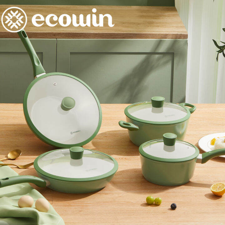 Ecowin กระทะไม่ติดกระทะทอดลึก กระทะ หม้อซุป หม้อนม สีเขียว พร้อมฝาปิด การนำความร้อนอย่างรวดเร็ว ...