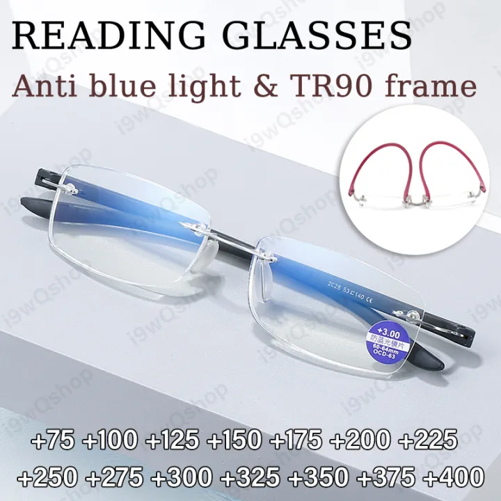 Frameless แว่นอ่านหนังสือป้องกันแสงสีฟ้ากรองสายตายาวตามอายุแว่นตา + 75 + 100 + 125 + 175 + 225 ...