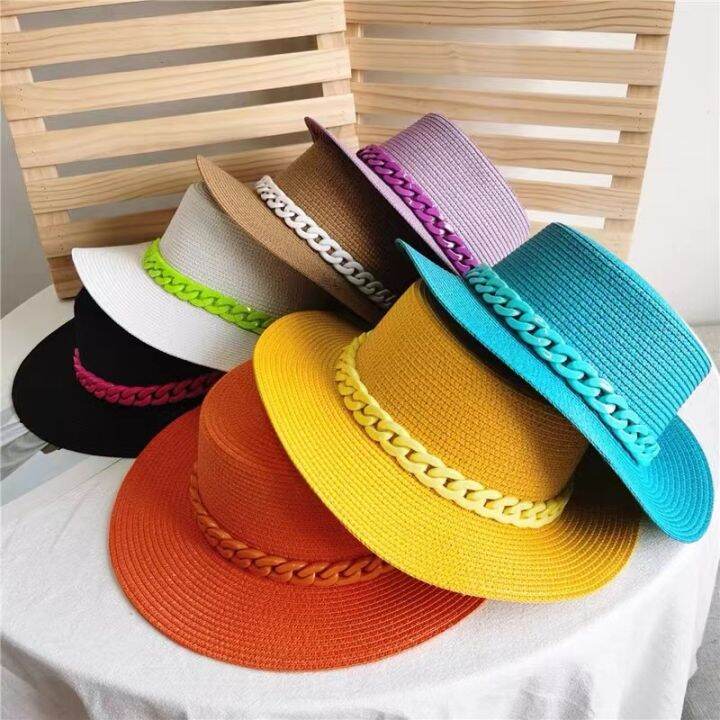 EMIE Straw hat macaron color sun hat flat top fashion color chain with ...