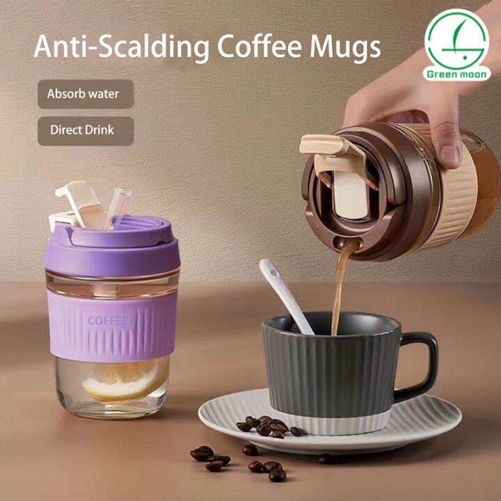 Green Moon 550ml Glass Travel Coffee Mug Reusable Coffee Cup with Lid ...