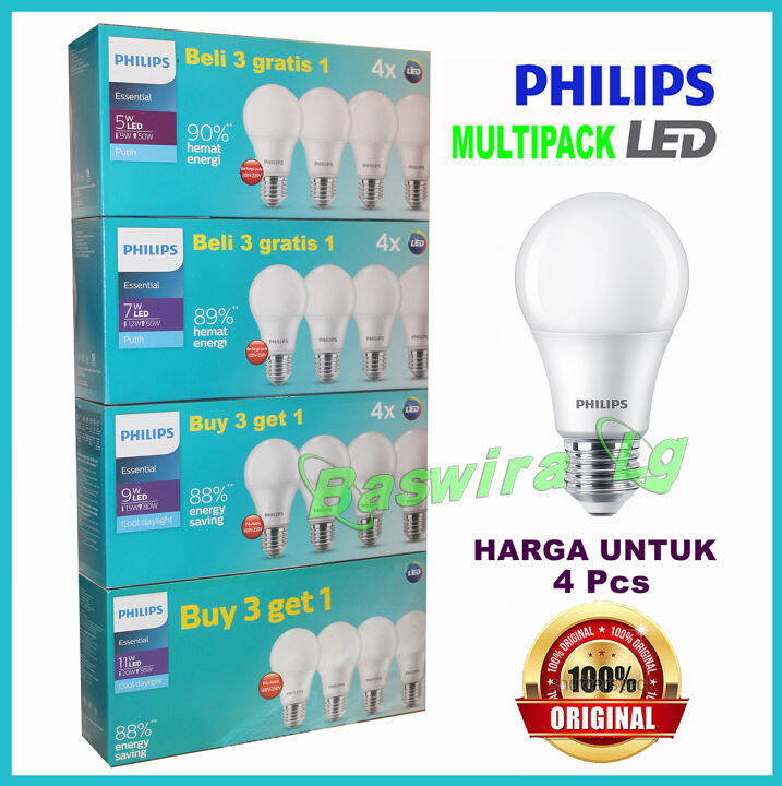 (PAKET BELI 3 GRATIS 1) PHILIPS LAMPU LED ESSENTIAL 5W 7W 9W 11W | Lazada Indonesia