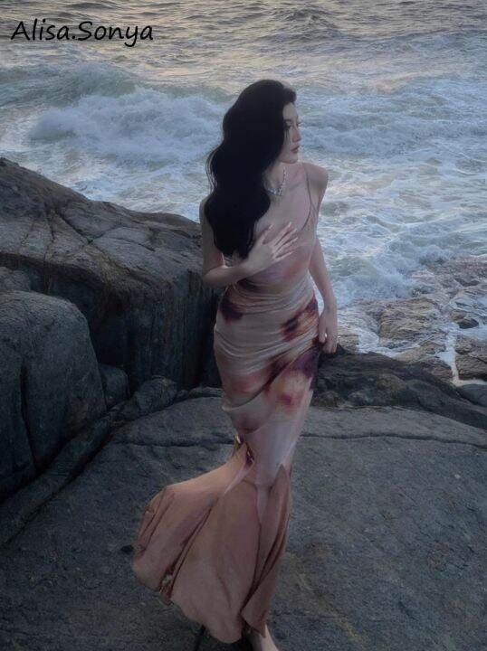 Alisa.sonya เดรสชุดปลายกระโปรงบานผู้หญิงเปิดไหล่ประดับด้วยเลื่อมมัดย้อม ...