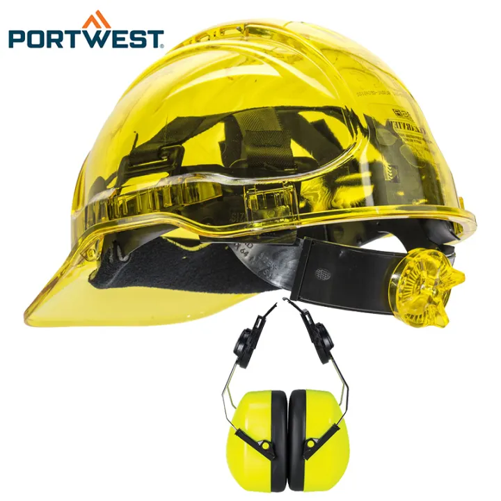Portwest PE Vented Safety Helmet with Earmuff Light Peak View Ratchet ...