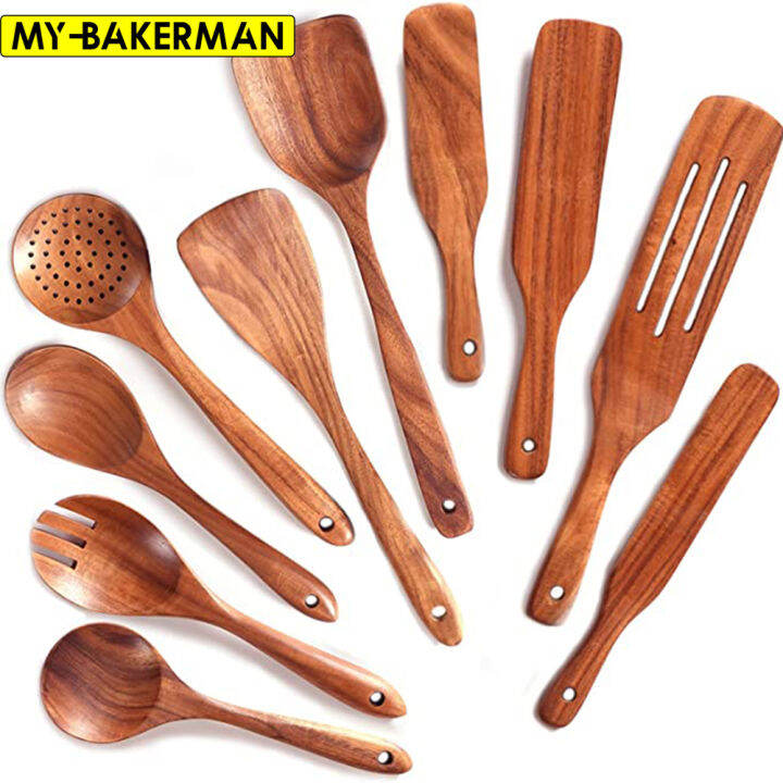 1-10 unit jati kayu kayu asli Spoon Ladle Turner Rice Colander sup ...