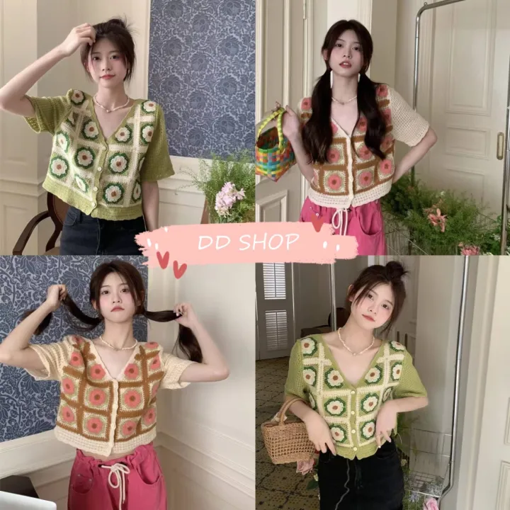 DD SHOP'พร้อมส่ง'19038 เสื้อถักไหมพรมแขนสั้น ลายดอกไม้เขียวส้มน่ารักมาก | Lazada.co.th