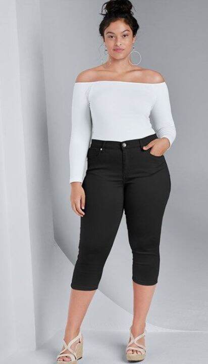 BLACK Tokong Highwaist August Plussize Big Size Strechable Bleachin Denim Maong Capri Pants -30 ...