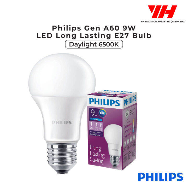 PHILIPS 9W/70W A60 LONG LASTING LED BULB E27 (DAYLIGHT 6500K) - Light ...