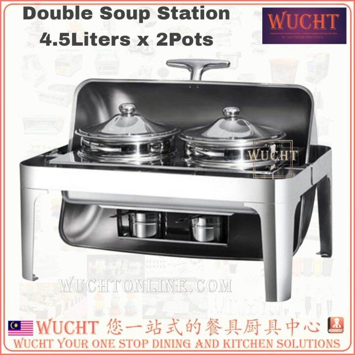【WUCHT】Stainless Steel Double Soup Station Roll Top Buffet Chafing Dish ...