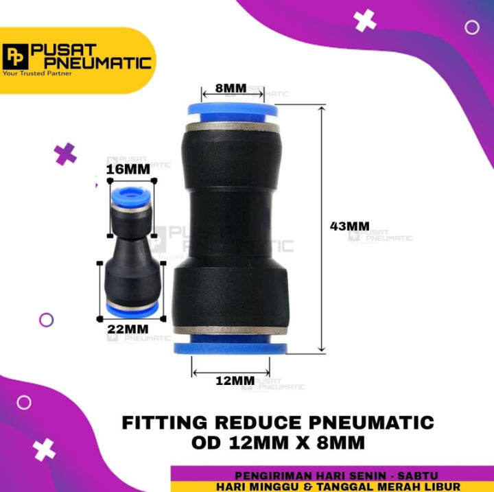 PG 12-8 Nepel Angin Fitting Pneumatic Reducer Fitting Reducer Selang ke ...