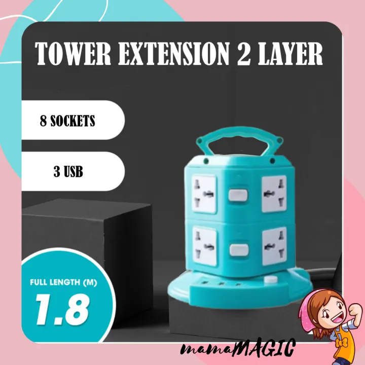 Vertical Tower Extension 2500W Power Socket with Overload Protection 2 ...