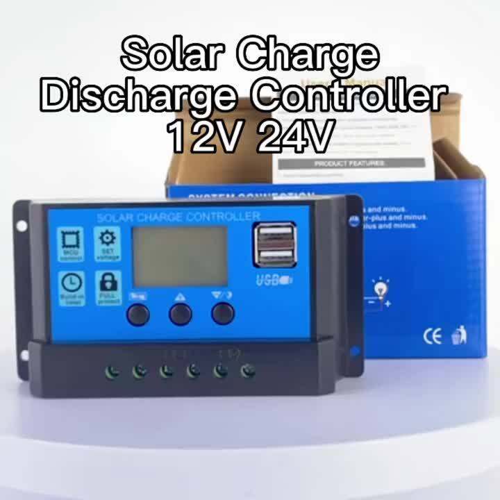 POWLSOJX Solar Charge Controller 12V 24V PWM 10A 20A 30A with Adjustable LCD Display Dual USB ...