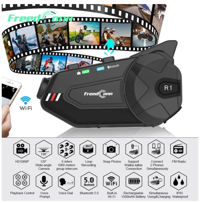 Freedconn R1 Plus Motorcycle Group Intercom Waterproof HD Lens 1080P ...