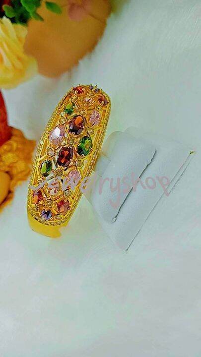 jijd CW126 กำไลนพเก้า กำไลพลอย5แถวนพเกล้าฝังเพชร กว้าง60cmงานทองเหลือง ...