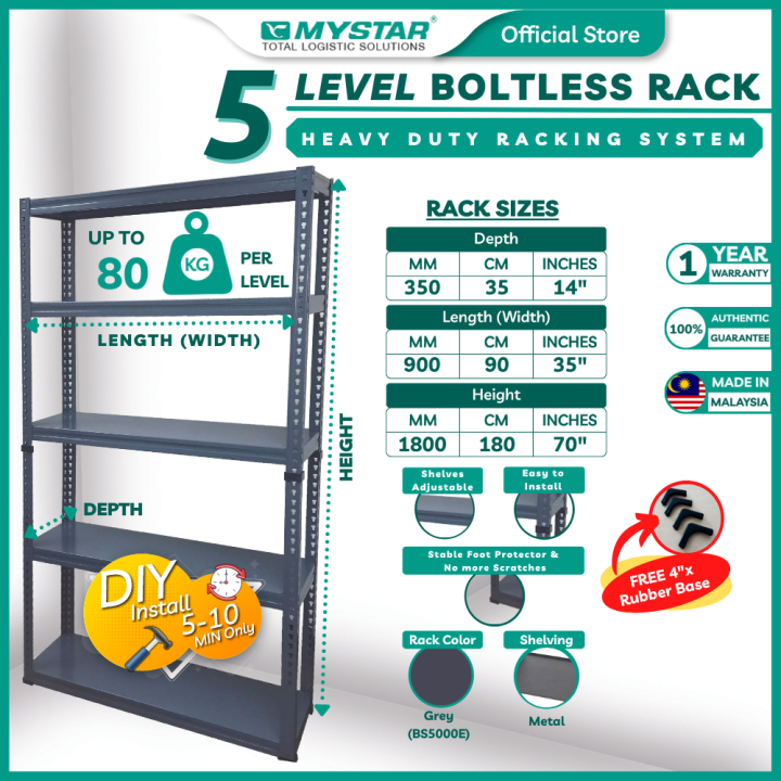 MYSTAR 5 Tier Boltless Rack W90 x D35 x H180 cm Heavy Duty Storage ...