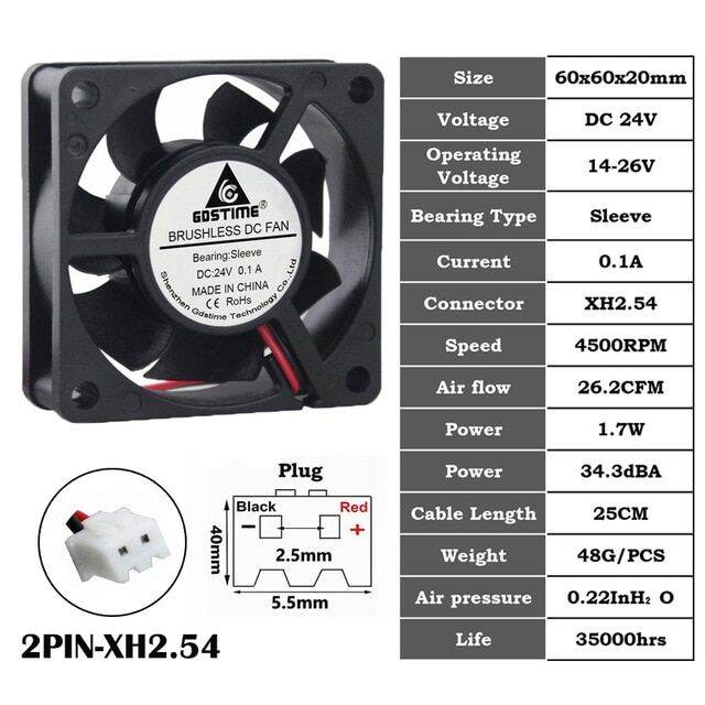 2 Pcs Gdstime 60x60x20mm 6020 12v 24v Dual Ball 3d Printer Cooler Fan 60mmx20mm Brushless ...