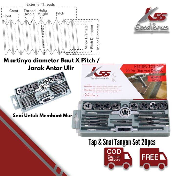 K55 Tap dan Snai Tangan Set 20pcs M3 - M12 Membuat Ulir Drat Mur ...