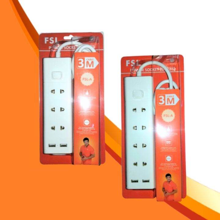 FSL Extension Cord Power Socket with 2 USB Port 3 Meters Cable 3 GANG ...