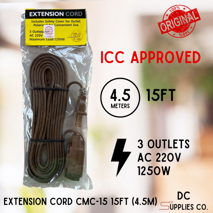 3 Outlets Extension Cord 15ft 4.5m AC 220V 1250W with Safety Cover for ...