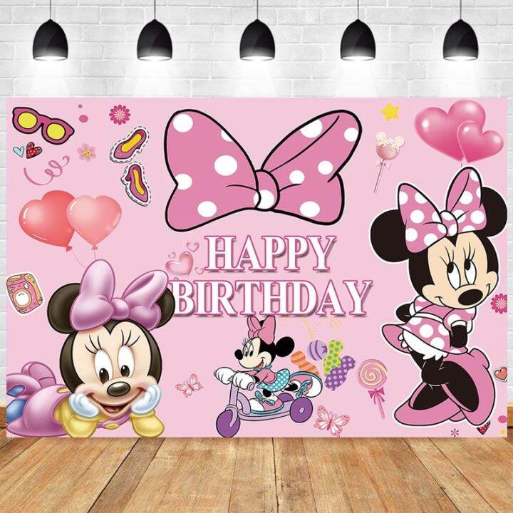 Pink Minnie Mouse Happy Birthday Backdrop Banner Minnie Mouse Theme ...