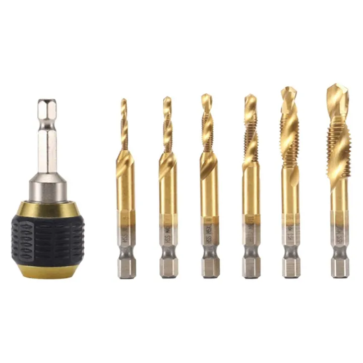 7Pcs Titanium Combination Drill Tap Bit Set Portable Screw Tapping 1/4 ...