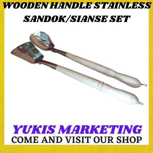 GOOD QUALITY WOODEN HANDLE STAINLESS SANDOK AND SIANSE SET | Lazada PH