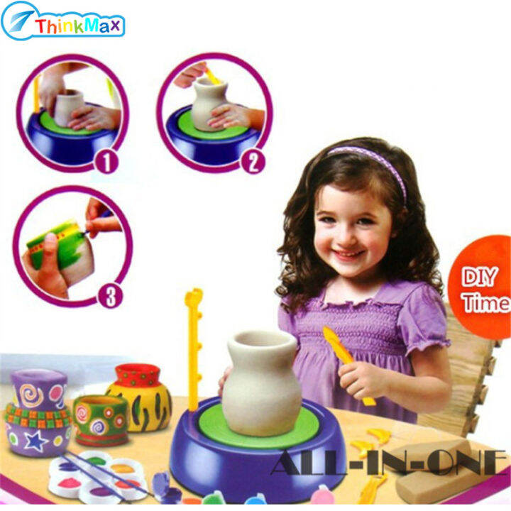 THINKMAX เด็กน่ารักเครื่องปั้นดินเผาไฟฟ้าล้อด้วยชุดดิน DIY อุปกรณ์เม็ดสีเด็กของขวัญ | Lazada.co.th
