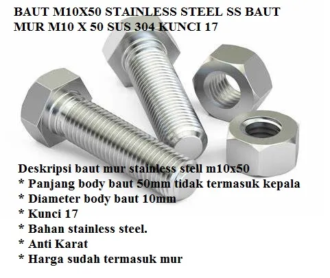 BAUT M10X50 STAINLESS STEEL SS SUS 304 KUNCI 17 / Screws/bolts M10/stainless Bolt/bolt lock 17 ...