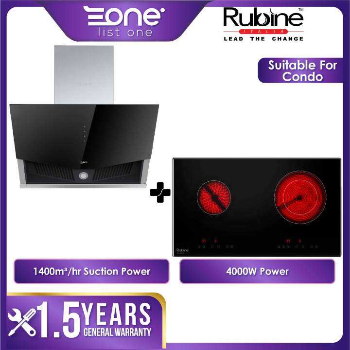 Rubine 1400m³/hr Cooker Hood RCH-MARK-90BL + Ceramic Cooker 4000W RCE ...