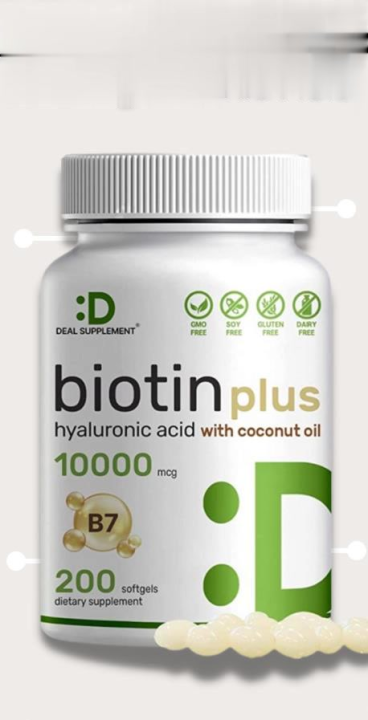 DEAL SUPPLEMENT Biotin 10000mcg Plus Hyaluronic Acid 25mg with Coconut ...