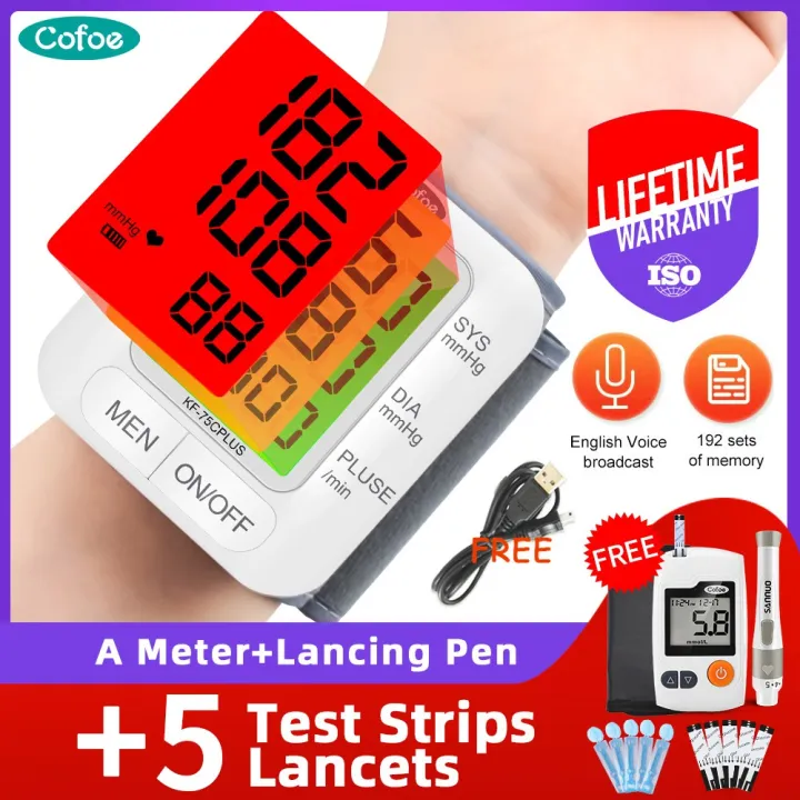 【Free Glucometer set Cofoe USB Charging Digital Wrist Blood Pressure Monitor English Voice ...