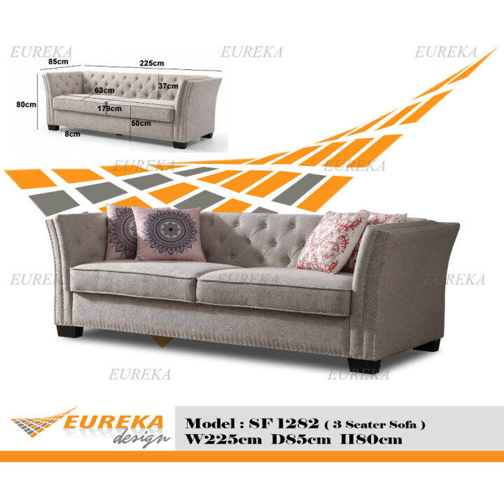 EUREKA Sofa 3 Seater Upholstery Linen Fabric Spring Modern / Kerusi SF1282 (Deliver ...