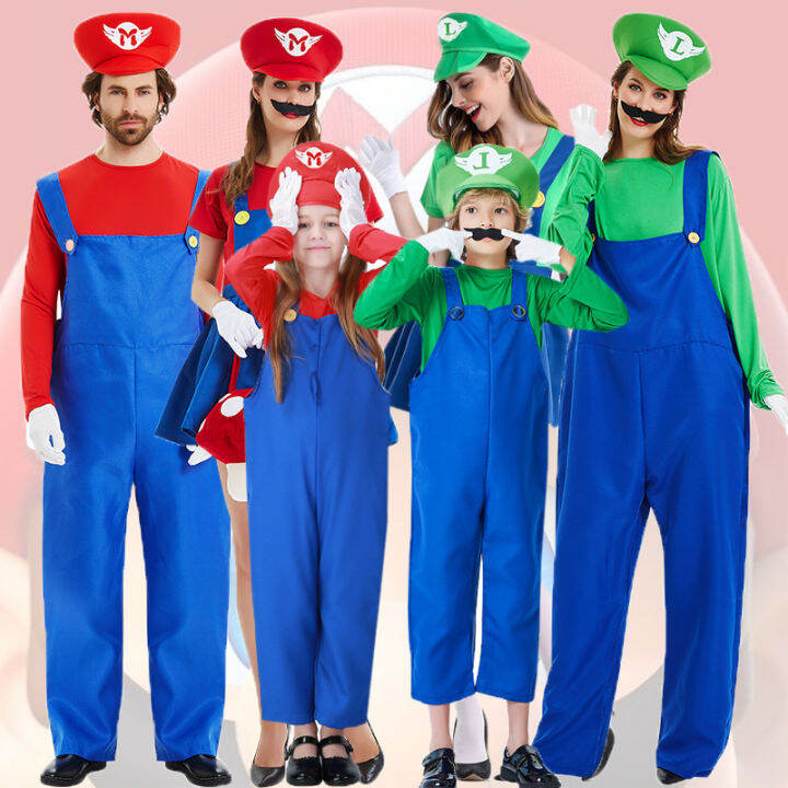 Adult Kids Super Mario Bros Costumes Mario Luigi Bros Cosplay Jumpsuit ...