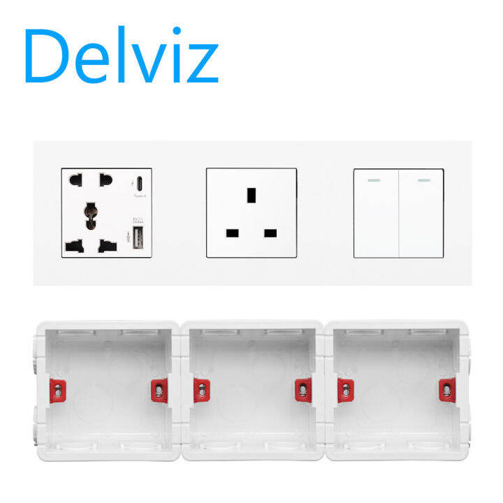DELVIZ (EU/US/UK) 2gang/2way light switch + UK 3 holes + 5 holes PD wall socket, Type-C port ...