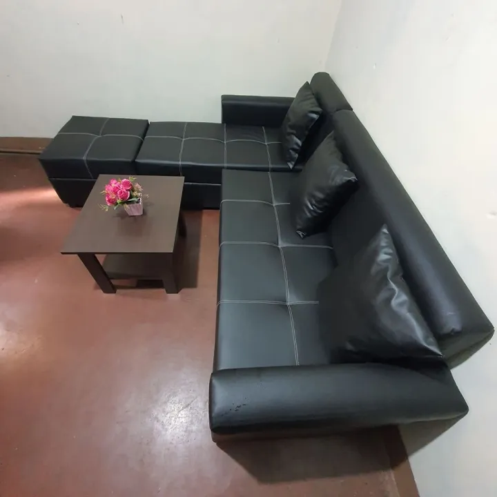 lshape sala set black leather with center table | Lazada PH
