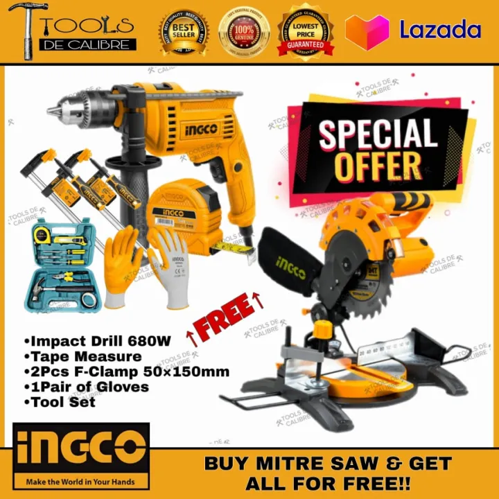 INGCO PROMO BUNDLE Mitre Saw 1400W BMS14007 FREE Impact Drill 680W ...