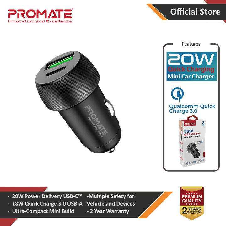 Promate 20W USB-C™ Mini Car Charger Super-Fast Type-C™ Power Delivery Car Charger with 18W Quick ...