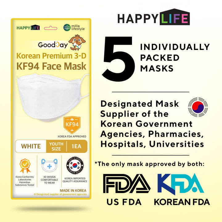 Happy Life Face Mask Youth White Mask 5pcs KFDA & US FDA Registered ...