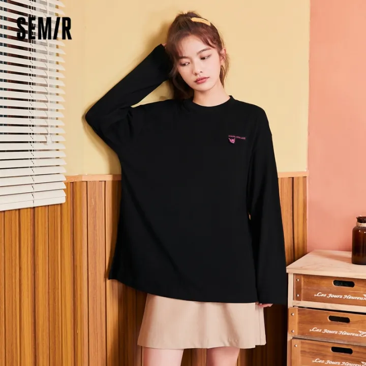 Semir เสื้อยืดแขนยาวผู้หญิงแยกผ้าฝ้ายรอบคอ2022ฤดูหนาวใหม่ Oversize ส่วนบุคคล Commuter T เสื้อ ...
