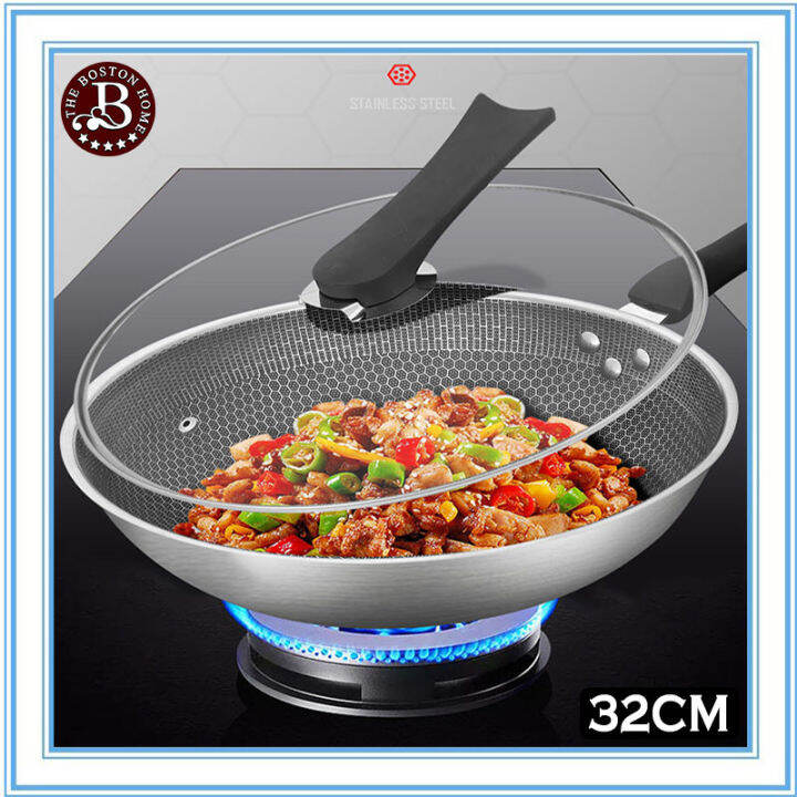 Boston Home 304 Stainless Steel Honeycomb Non-Stick Wok Pan, Frying Pan With Glass Cover 32CM ...