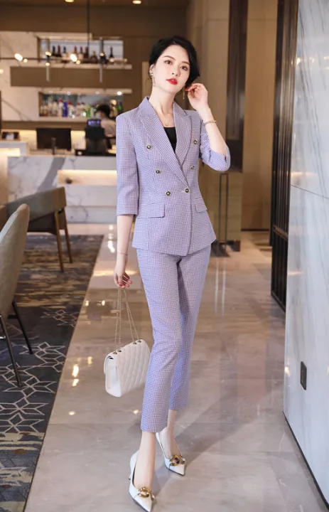 ชุดลายสก๊อตสีม่วงผู้หญิงฤดูร้อน2022ใหม่อารมณ์มืออาชีพแฟชั่นเสื้อบางและ ...