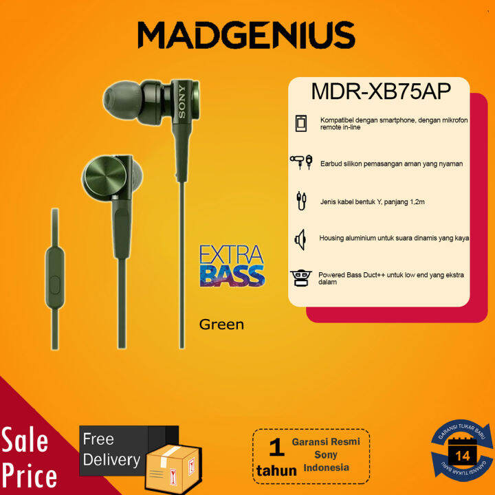 Sony Original MDR-XB75AP / MDR XB75AP / MDRXB75AP Green Extra Bass ...