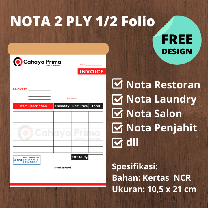 Buku Nota 1 Ply 2 Ply/Custom Order/Free Design Ukuran 1/2 Folio ...
