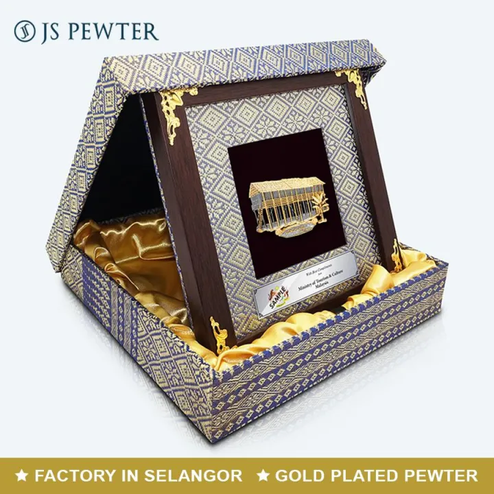 MALAYSIA 8" x 8" SONGKET FRAME Gold Plated PEWTER with Songket Wooden ...