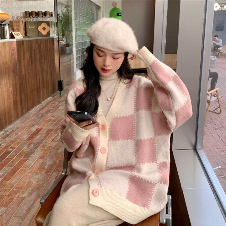 Sweaters rajutan wanita lengan panjang retro tombol plaid cardigan ...