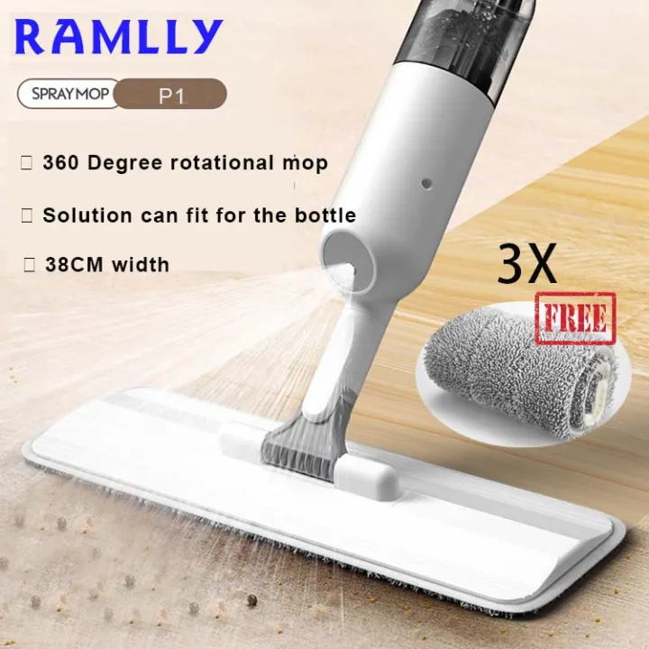 Ramlly p1 Spray mop 360 Degrees Rotating 350mL Water Tank Mop 38CM with 3 free mop Solution ...