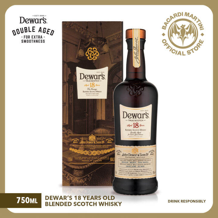 DEWAR'S 18 Year Old Blended Scotch Whisky - 750ml, 40% ABV - Double Aged Oak Cask Whisky Spirit ...