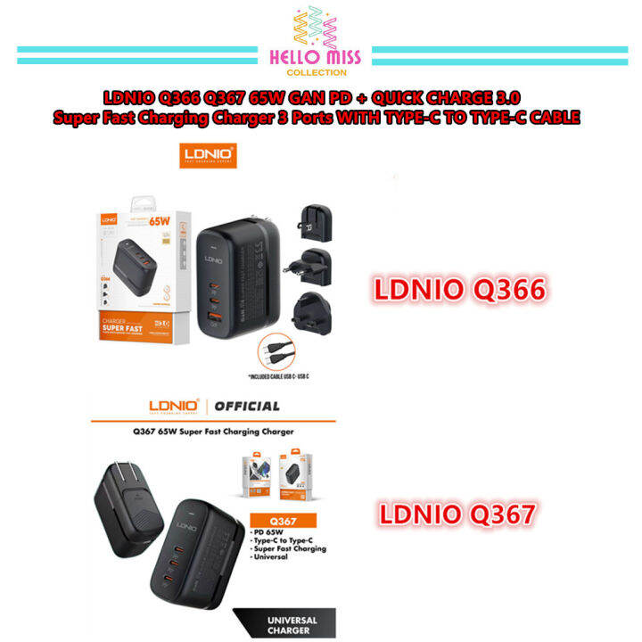 LDNIO Q366 Q367 65W GAN PD + QUICK CHARGE 3.0 Super Fast Charging Charger 3 Ports WITH TYPE-C TO ...