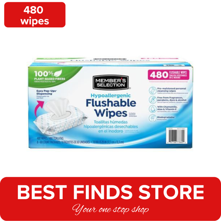 Member's Selection Hypoallergenic Flushable Wipes 480 CT ( 8 x 60 ct ...